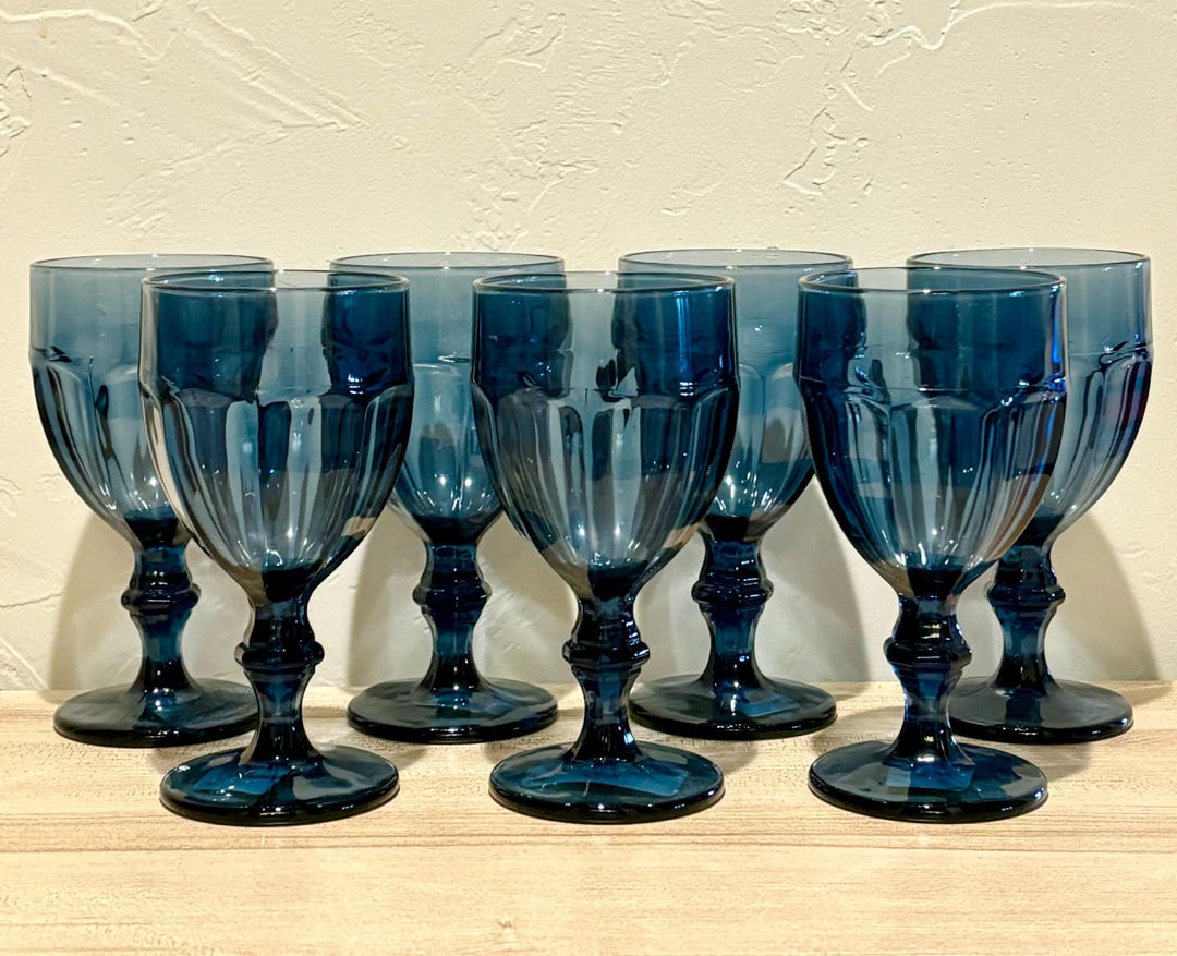 Libbey Dusky Blue Water Goblets set of 7, Sapphire Blue Water Glasses ...