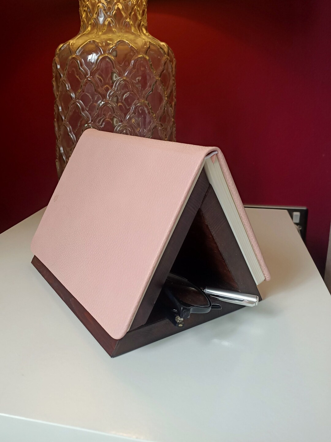 Wooden Book Rest Night Stand Glasses Holder. Bedside Diary Table ...