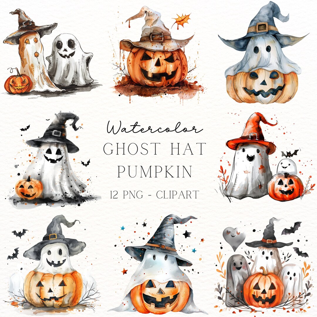 Watercolor Ghost Hat Pumpkin Clipart: Cute Spooky Halloween Characters ...