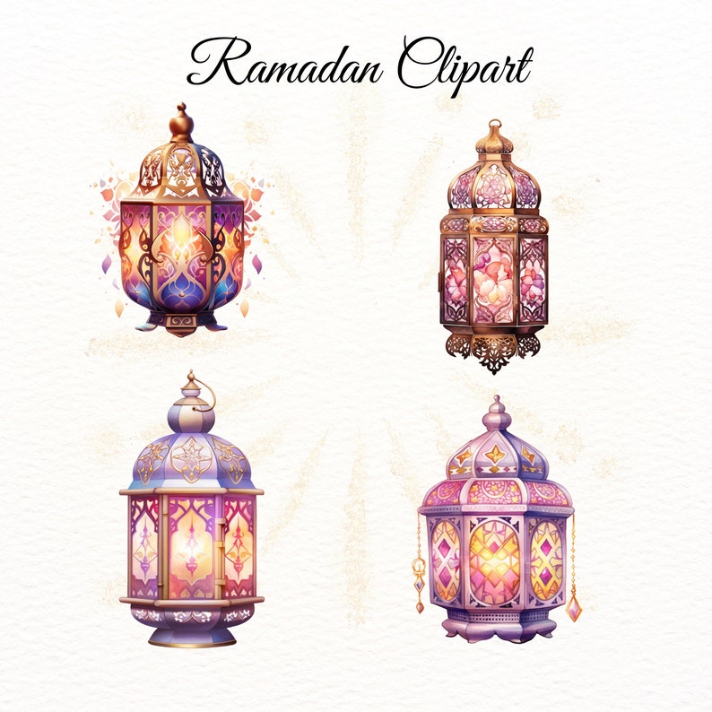 Ramadan Kareem Clipart, Watercolor Elements, Crescent Moon and Stars ...