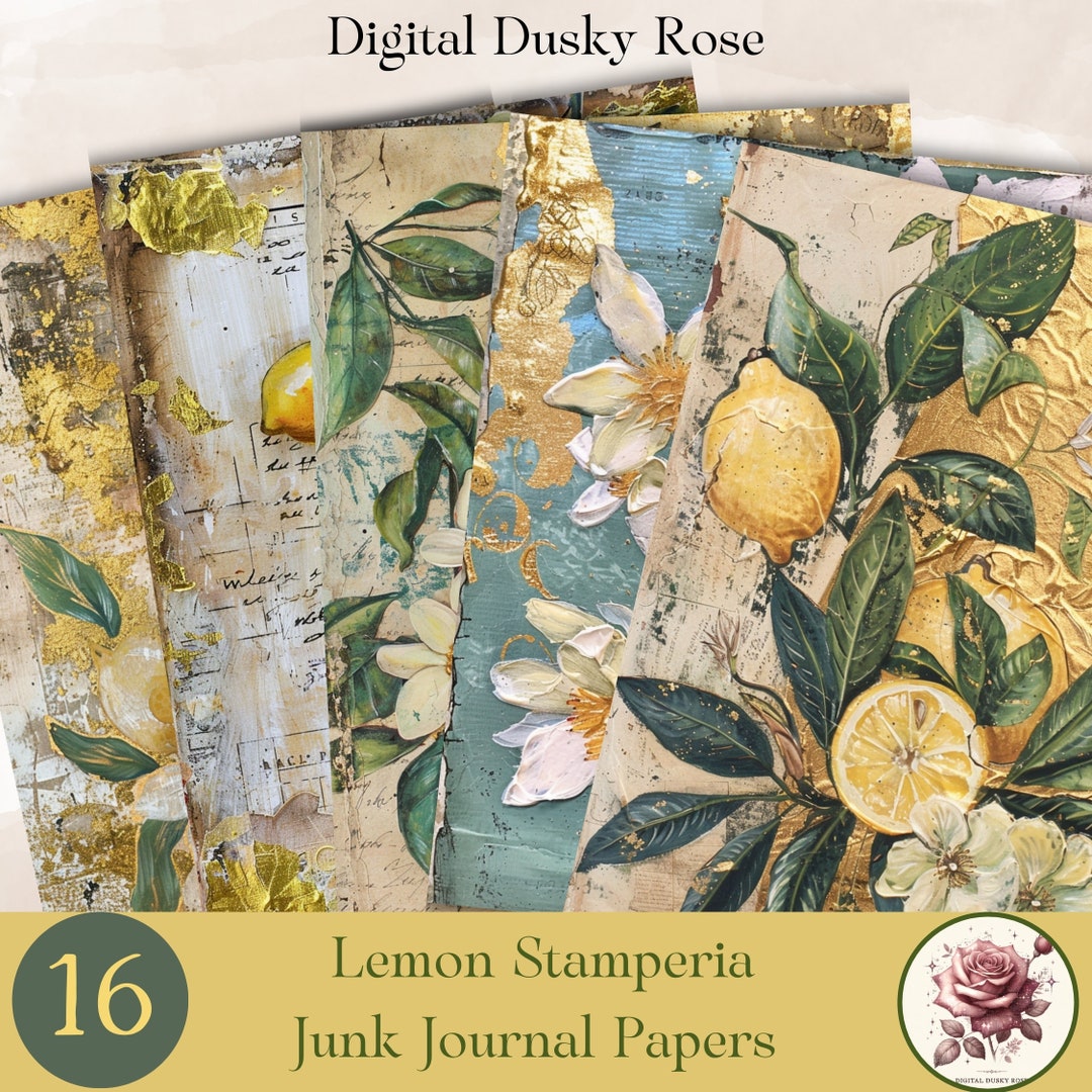 Vintage Lemon Junk Journal With Zagare Flowers: Golden Foil Background ...