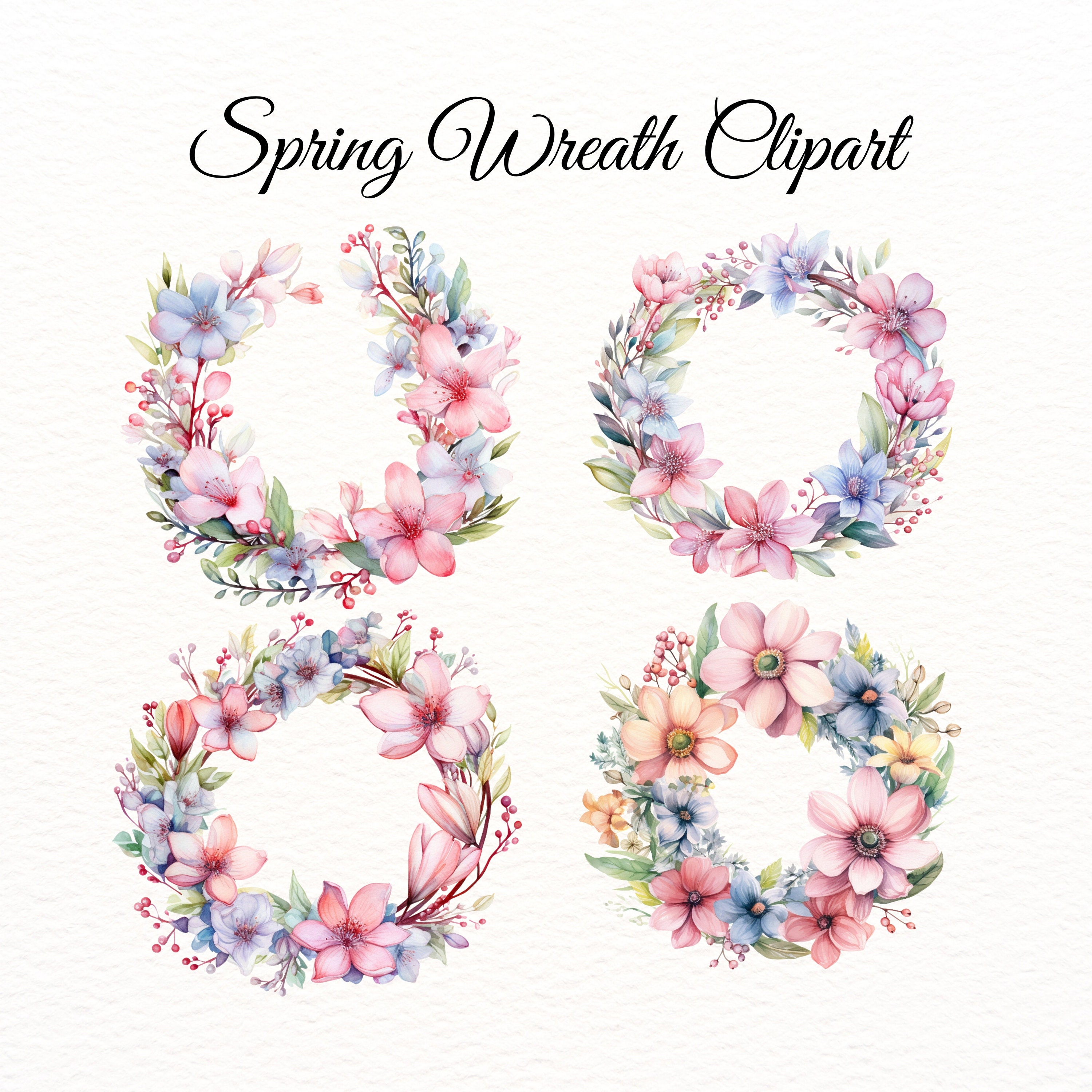 Spring Wreath Clipart, PNG, Watercolor Flowers, Multi Colored Wreath ...