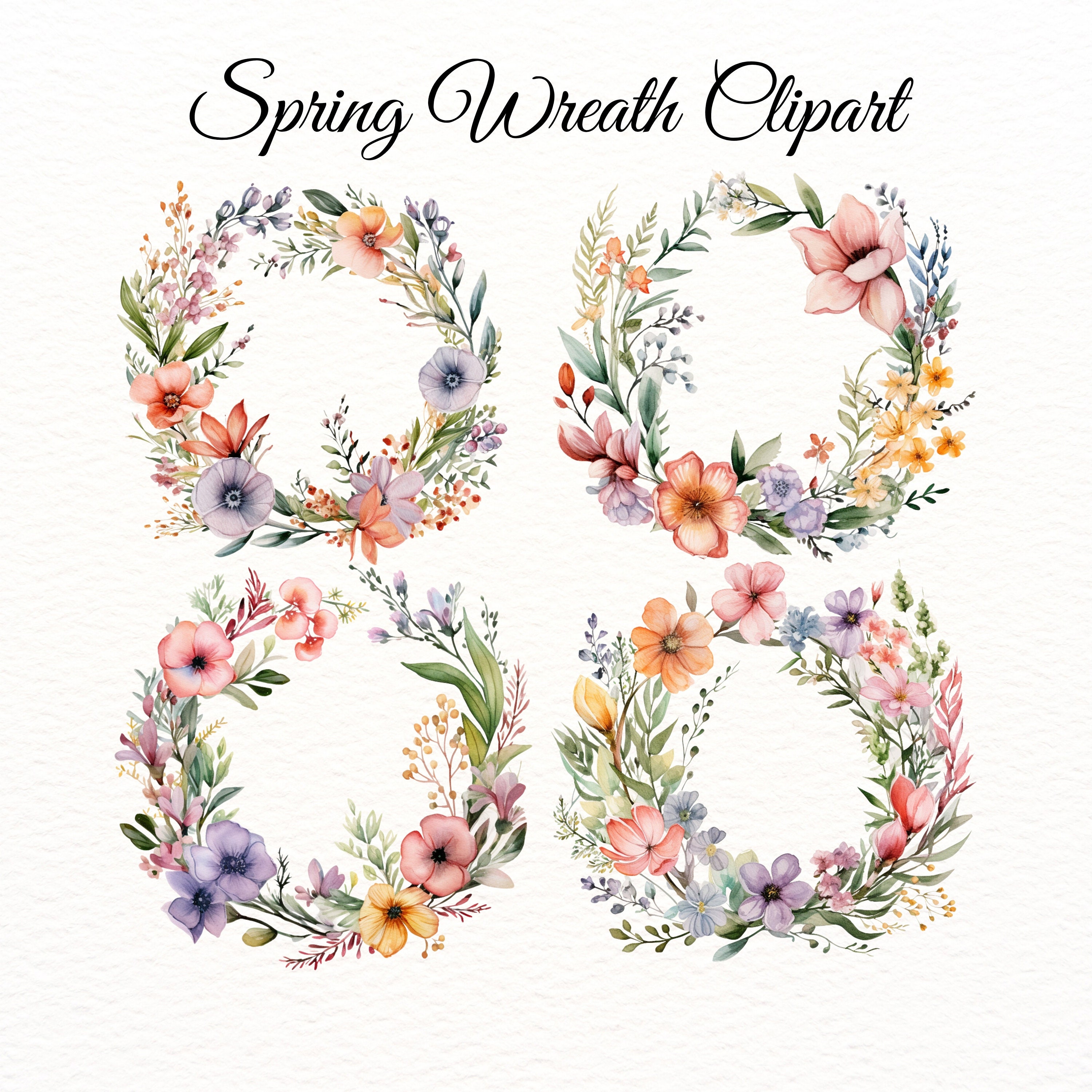 Spring Wreath Clipart, PNG, Watercolor Flowers, Multi Colored Wreath ...