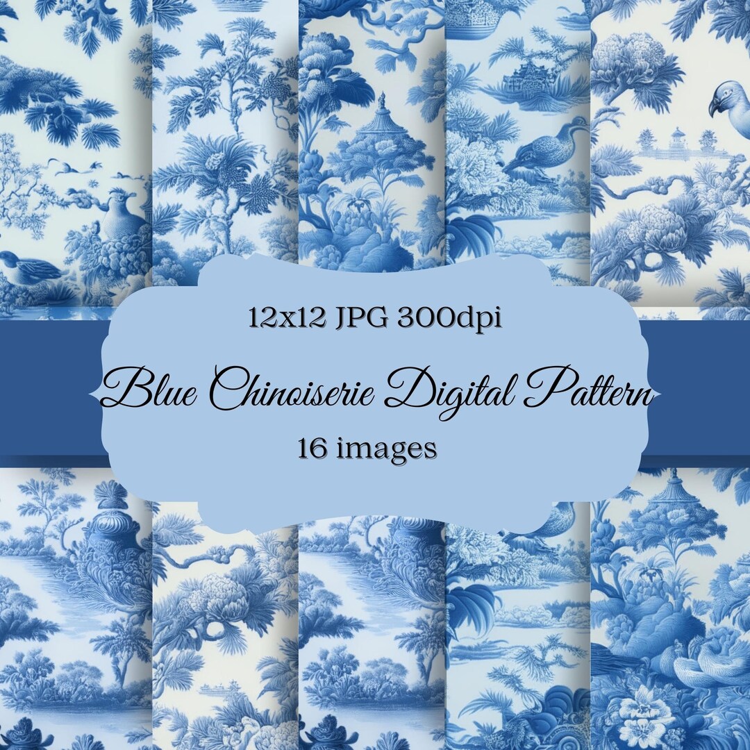 Blue Chinoiserie Floral Digital Paper, Asian Digital Paper, Bundle ...