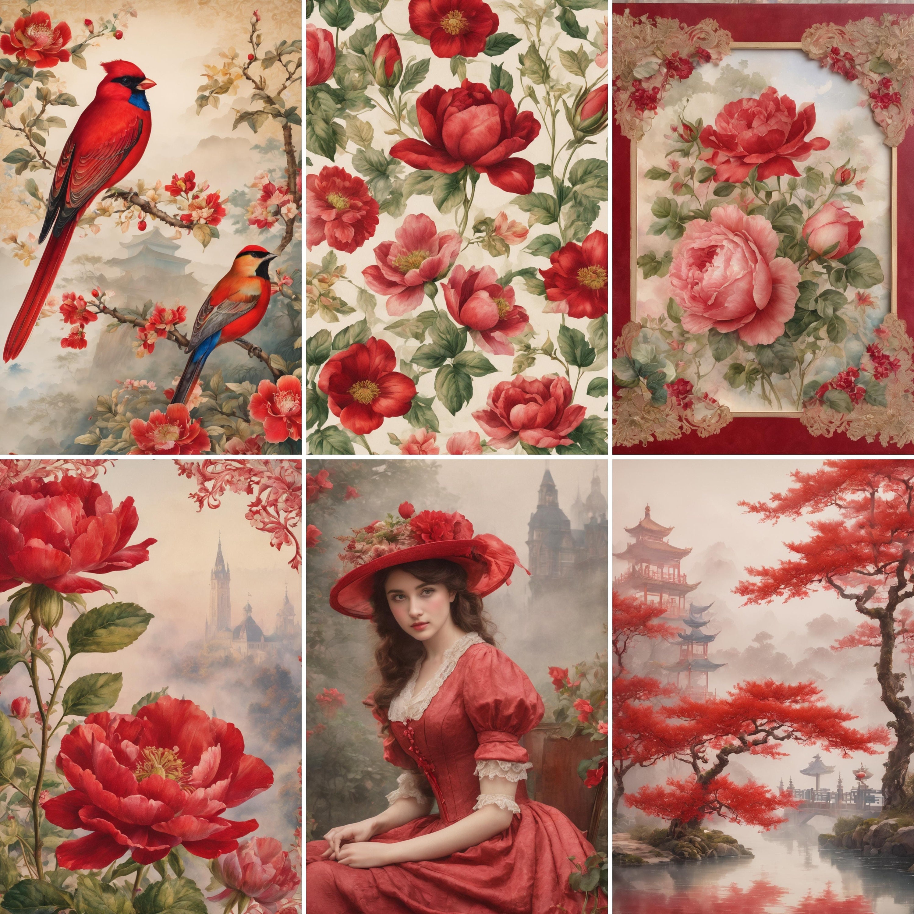 Red Ephemera Junk Journal, Bright Watercolor, Vintage Floral Collage ...