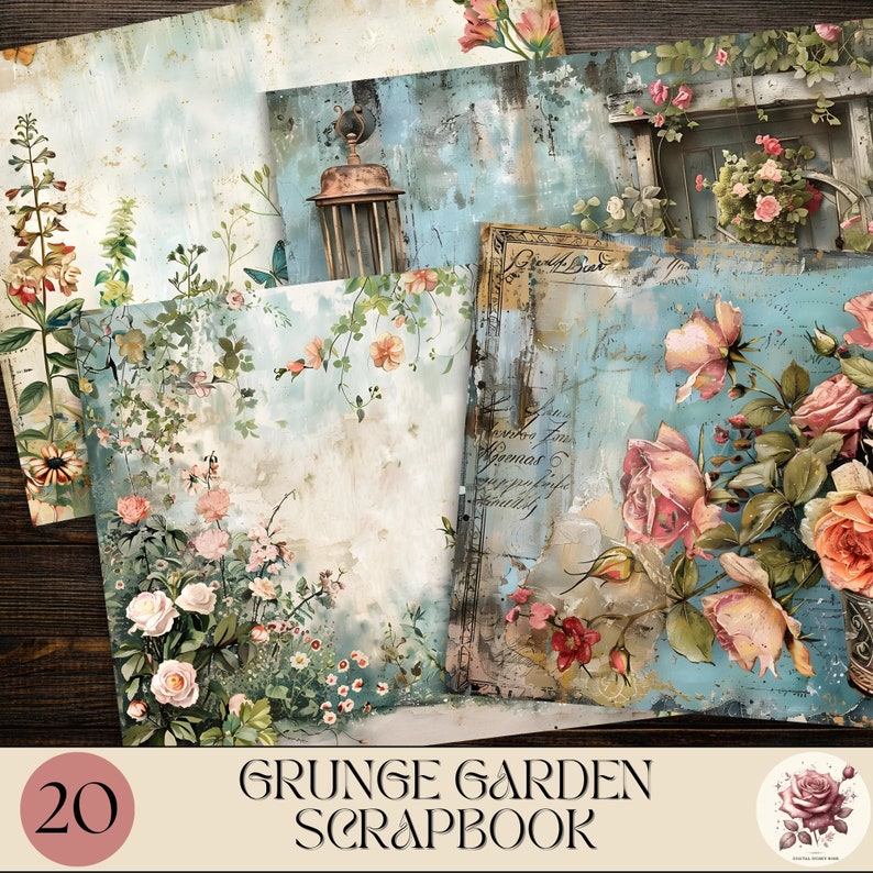 Whimsical Garden Scene Digital Paper: 20 Rustic Grunge Garden Junk ...