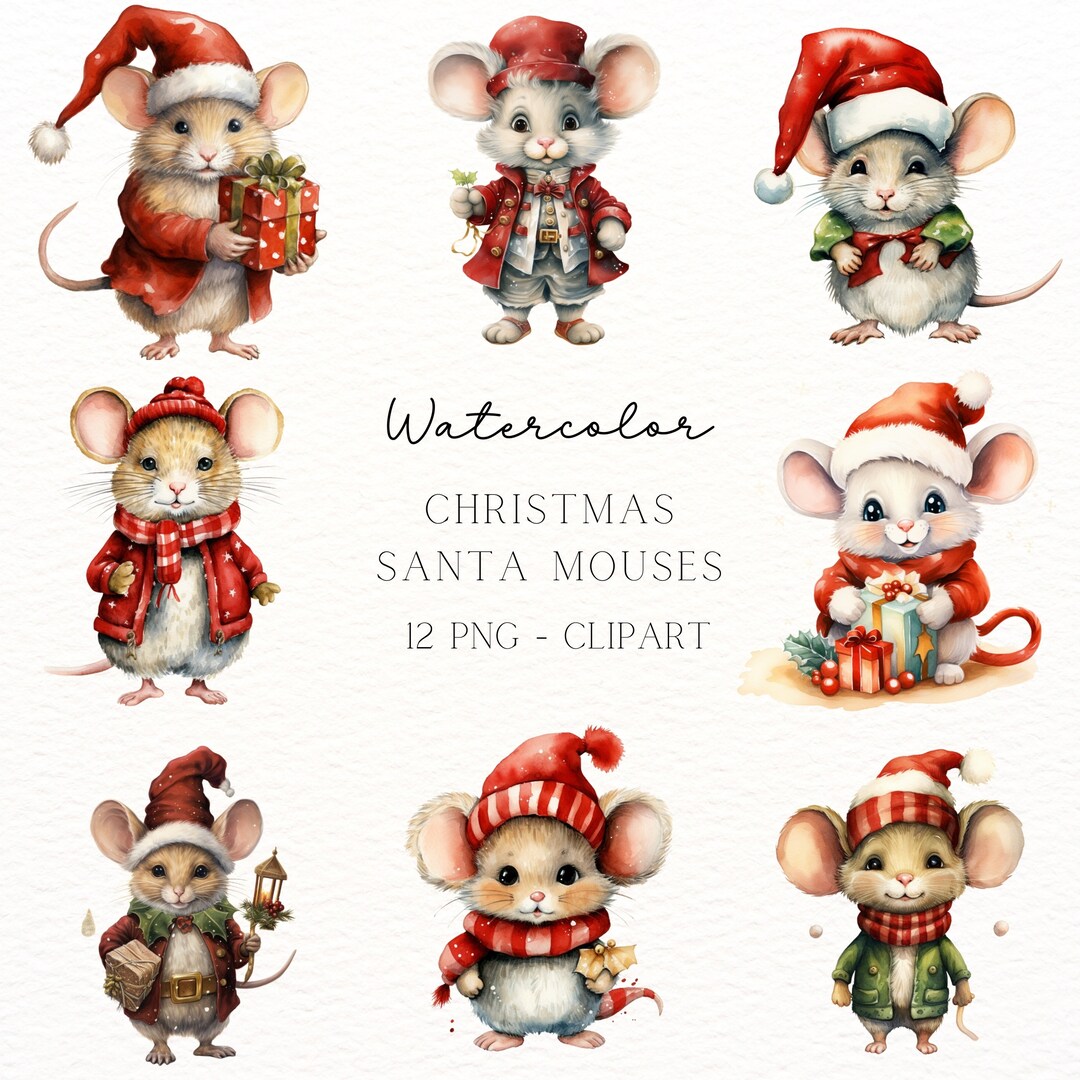 Watercolor Whimsical Mice Clipart: Christmas Santa Mouse in Red Winter ...
