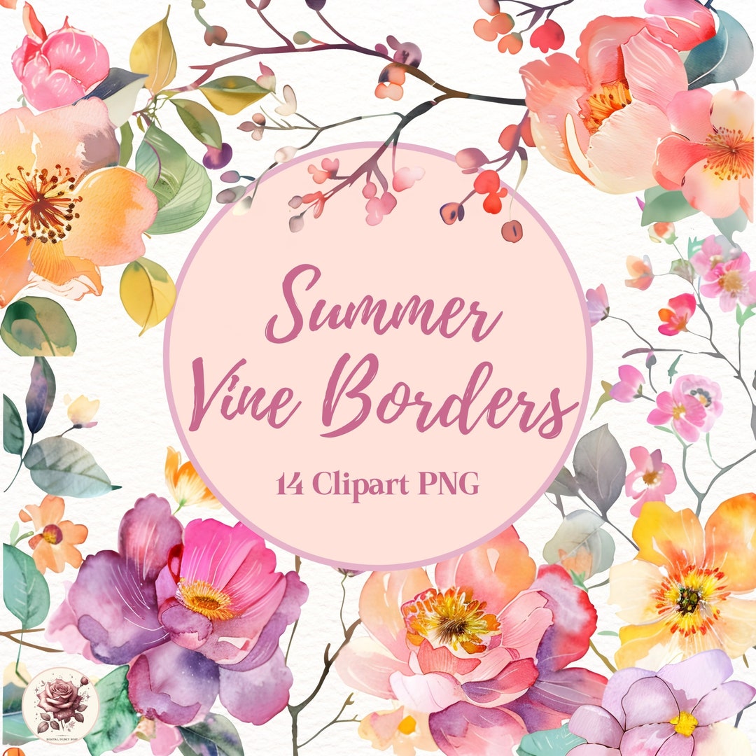 Summer Vines Clipart Borders - Rainbow Watercolor Floral Designs for ...