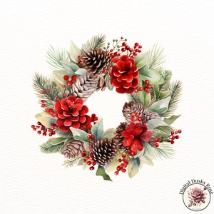 Watercolor Christmas Wreath Clipart: Poinsettia Flowers, Pinecones, and ...