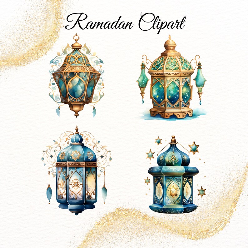Ramadan Kareem Clipart, Watercolor Elements, Crescent Moon and Stars ...