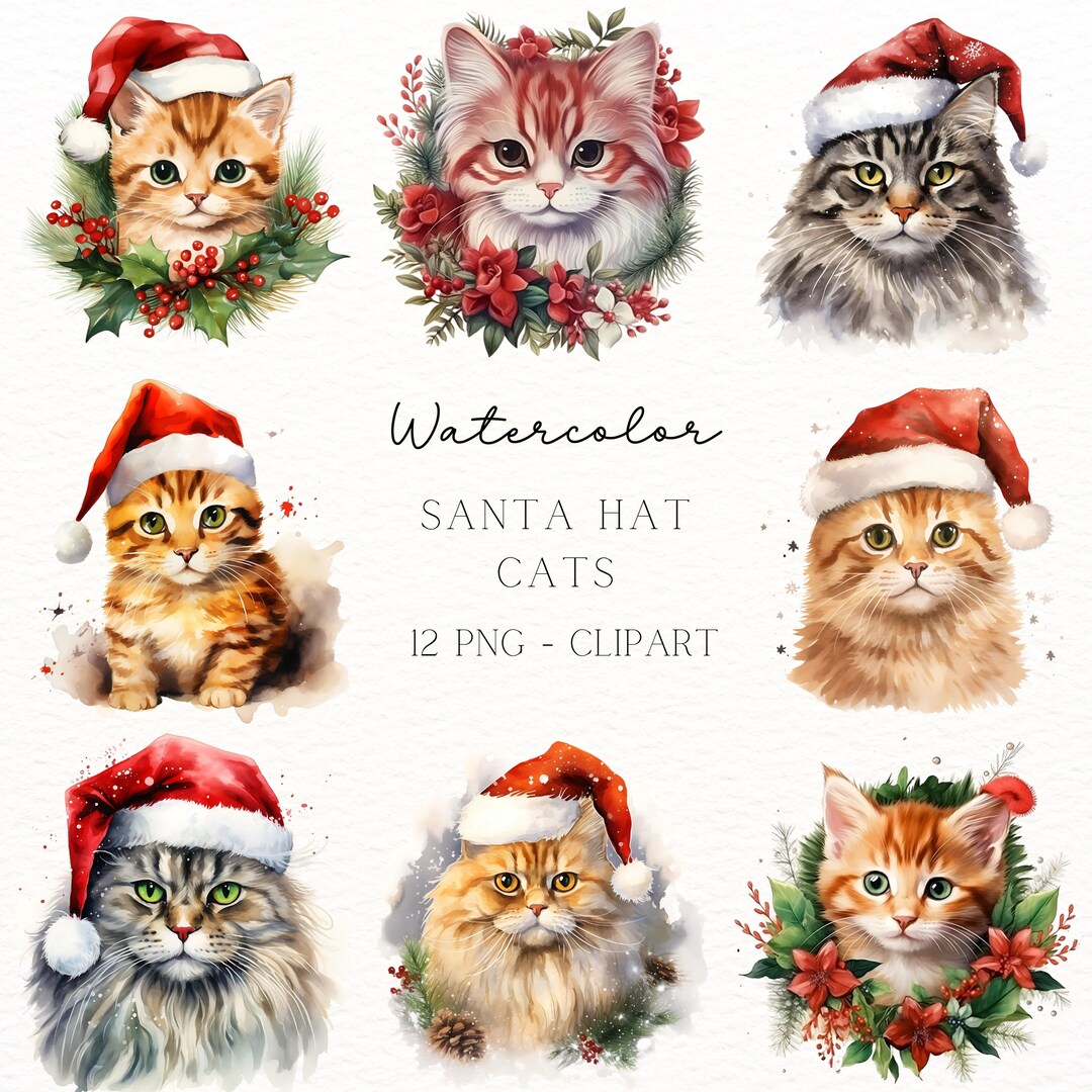 Watercolor Cat Clipart With Whimsical Santa Hats, Kitties Portraits for ...