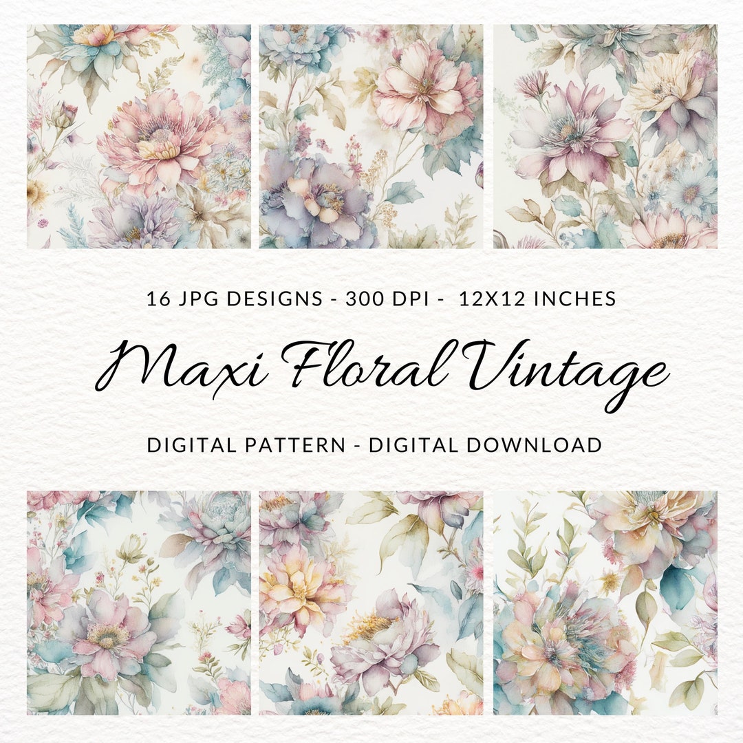 Maxi Floral Vintage Digital Paper JPG, Decoupage Page, Junk Journal ...