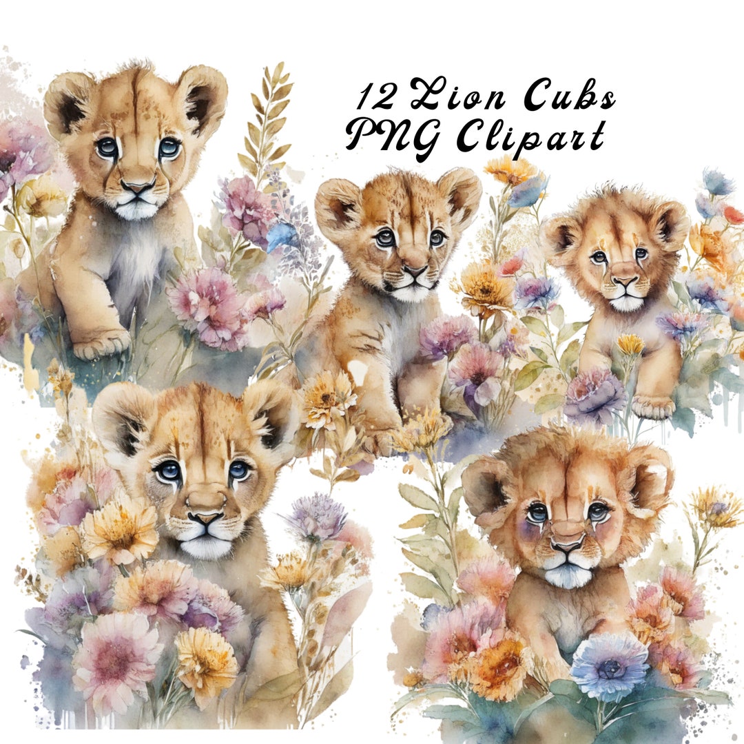 Adorable Lion Cub Clipart Watercolor Card Making & Scrapbooking Floral ...