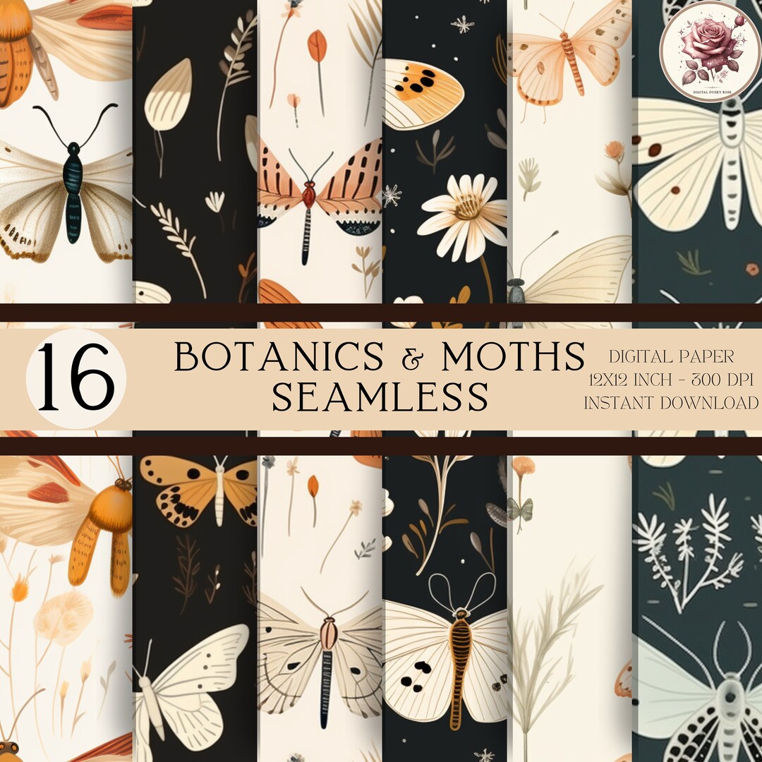 Botanics Moth Seamless Pattern, Digital Paper, for Commercial Use, Moth ...
