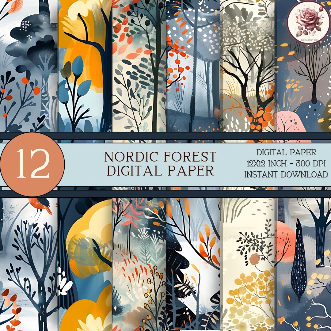 Winter Nordic Forest Digital Paper - Watercolor Trees Background for ...