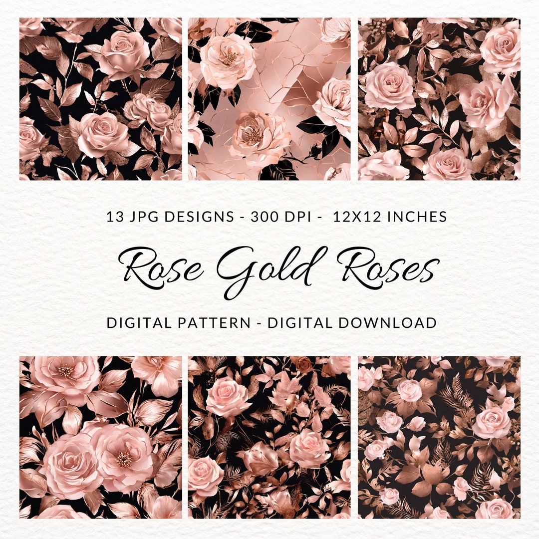 Rose Gold Roses Digital Papers, Metallic Rose Gold, Black Background ...