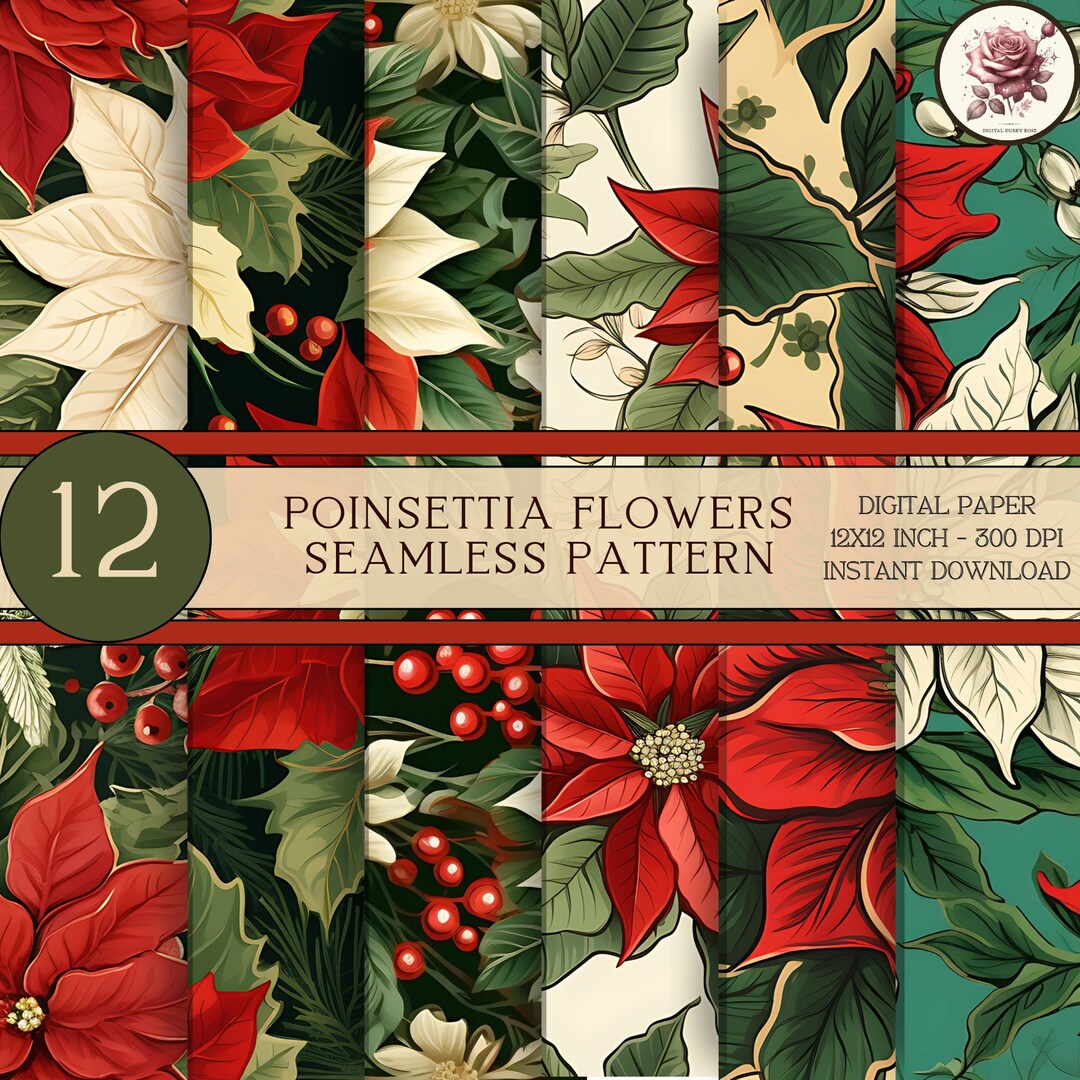 Vintage Poinsettia Seamless Pattern Digital Paper for Christmas Crafts ...