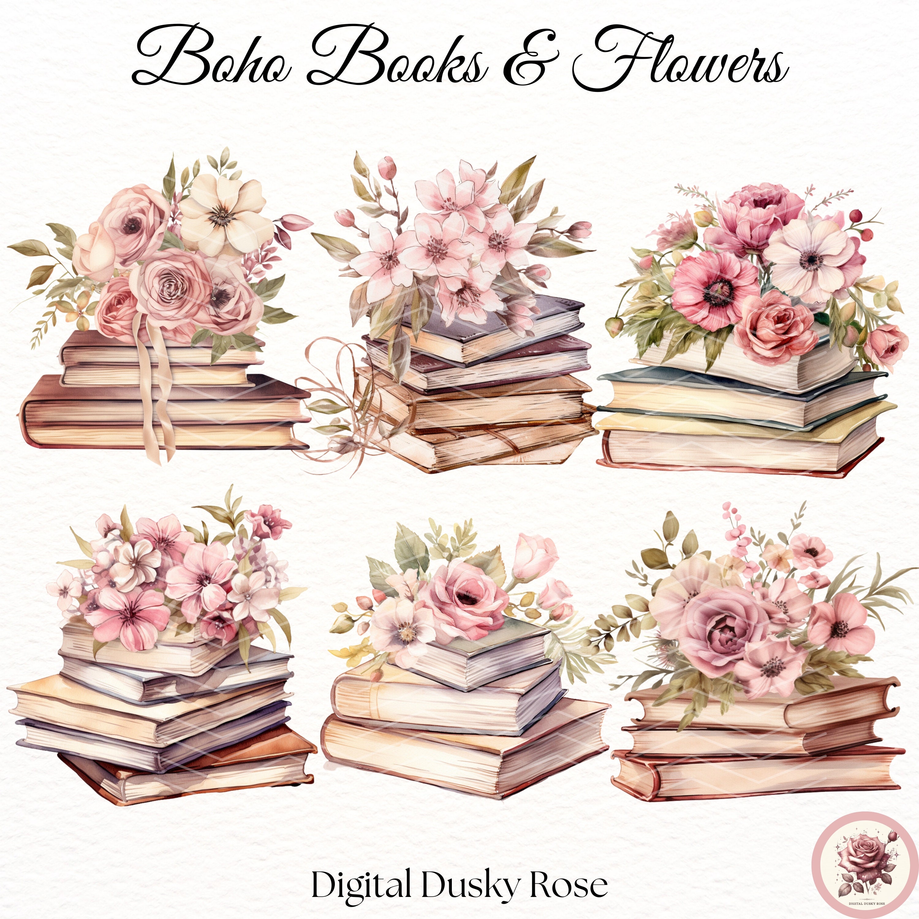 Boho Books & Flowers Watercolor Clipart Romantic Library Set 50 ...