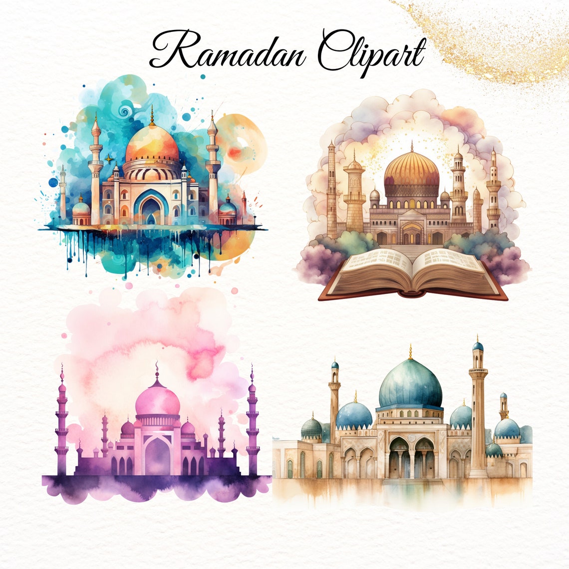 Ramadan Kareem Clipart, Watercolor Elements, Crescent Moon and Stars ...