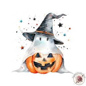 Watercolor Ghost Hat Pumpkin Clipart: Cute Spooky Halloween Characters ...