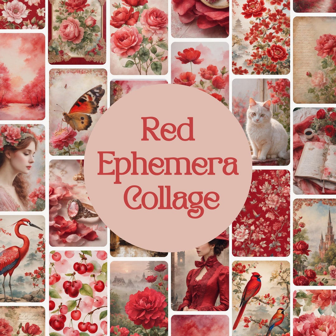 Red Ephemera Junk Journal, Bright Watercolor, Vintage Floral Collage ...