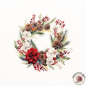 Watercolor Christmas Wreath Clipart: Poinsettia Flowers, Pinecones, and ...