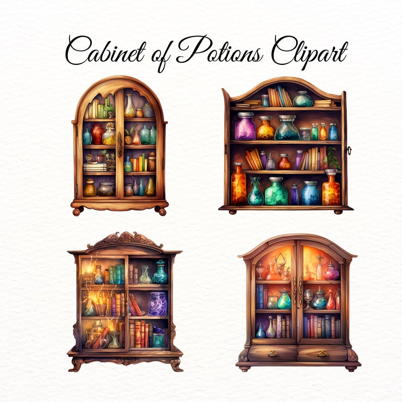 Cabinet of Potions Clipart, Watercolor Sublimation, Book of Shadows ...