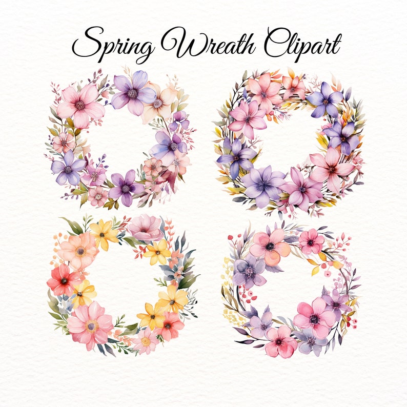 Spring Wreath Clipart, PNG, Watercolor Flowers, Multi Colored Wreath ...