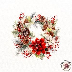 Watercolor Christmas Wreath Clipart: Poinsettia Flowers, Pinecones, and ...