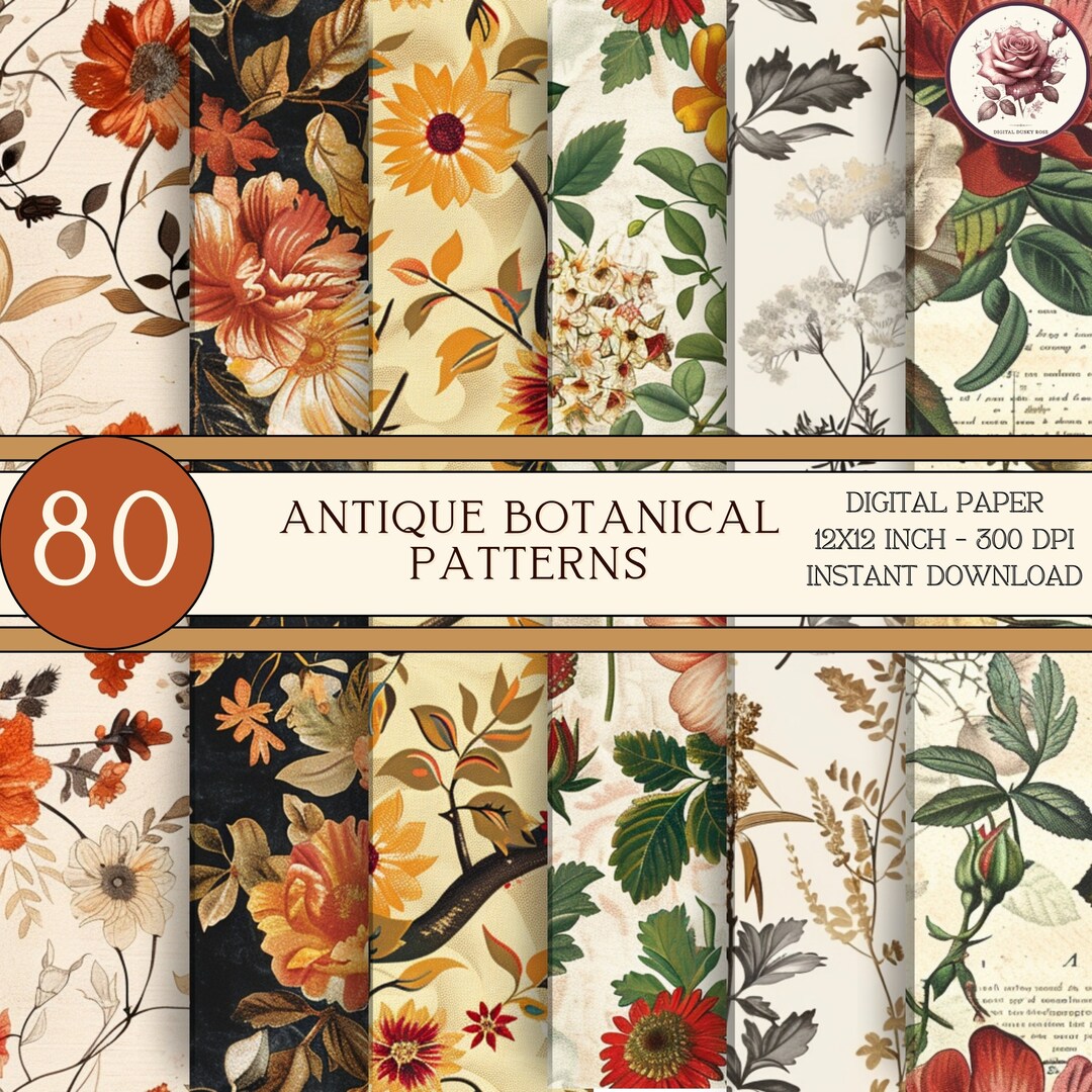 Antique Botanical Digital Paper Bundle, Flower Seamless Pattern for ...