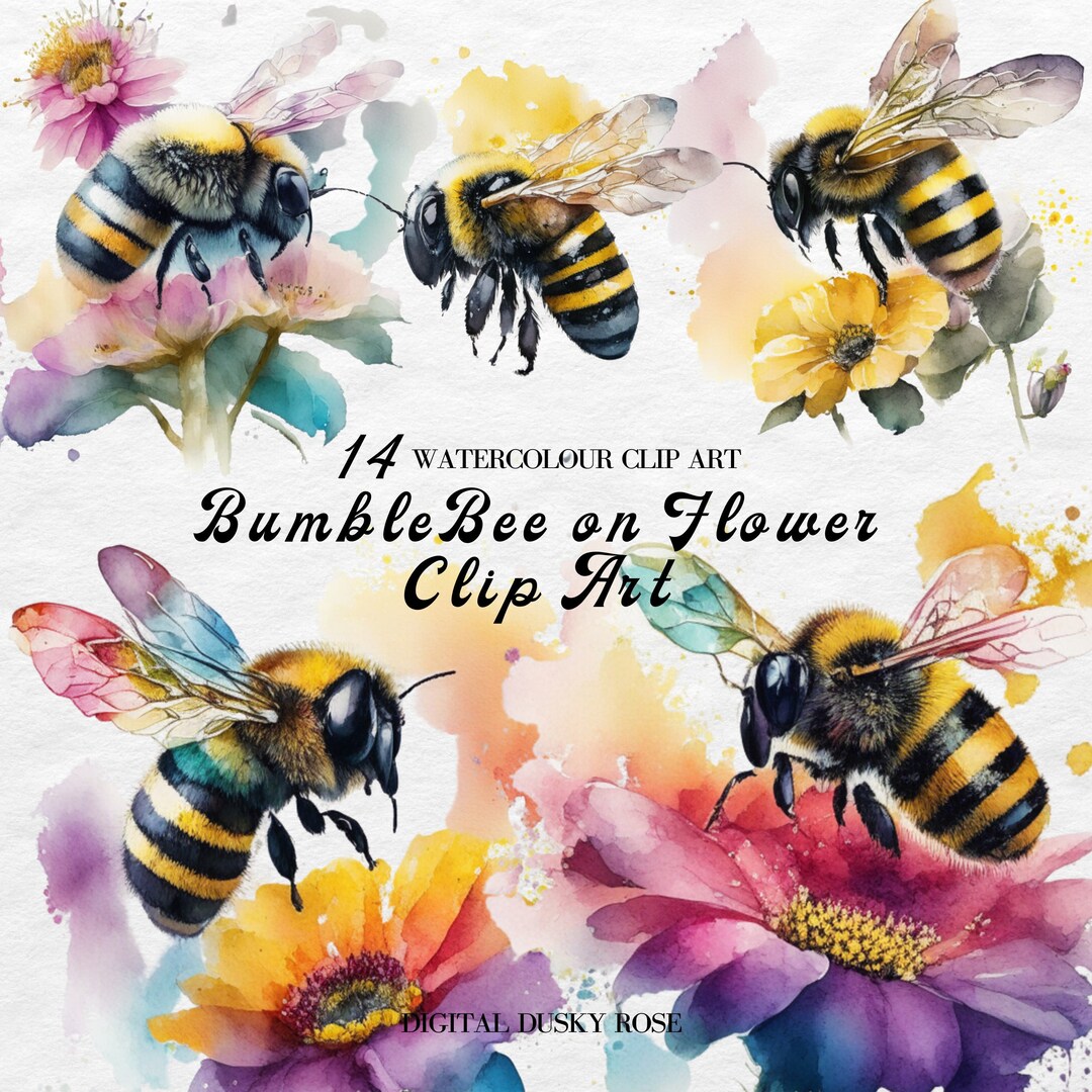 Bees Flower Clipart, Bundle, Watercolor, High-resolution, Bumble Bee ...