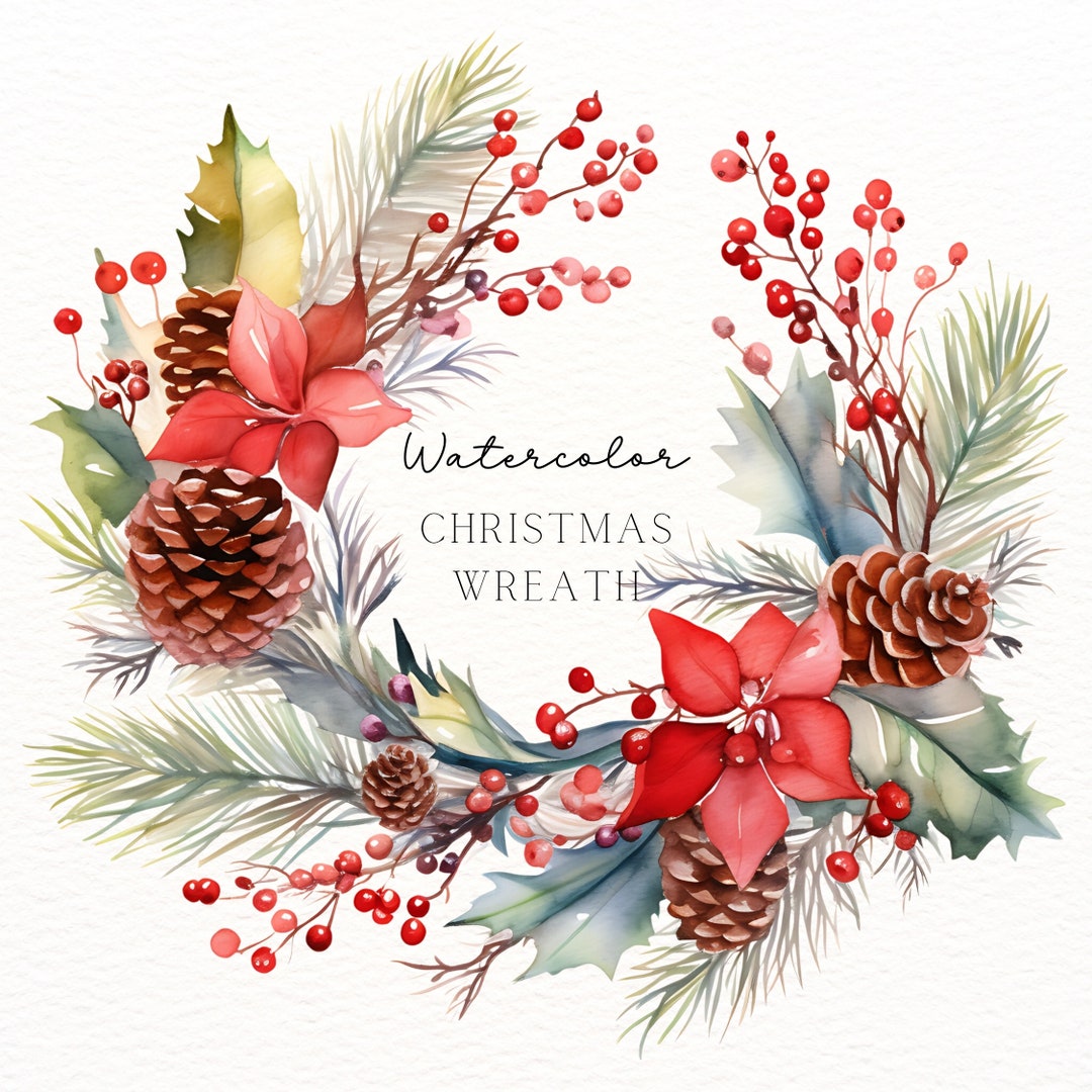 Watercolor Christmas Wreath Clipart: Poinsettia Flowers, Pinecones, and ...