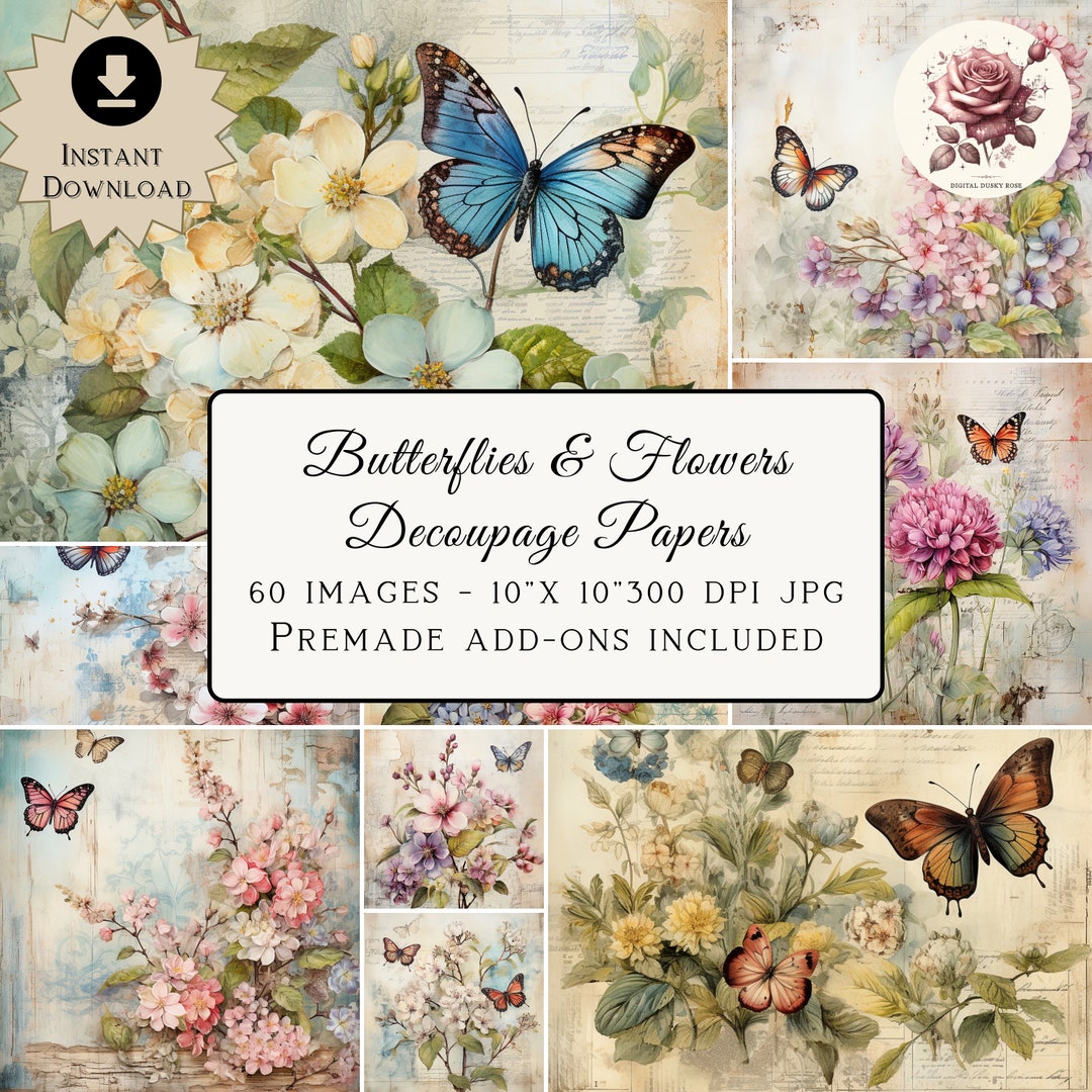 Decoupage Butterflies Flowers, Mixed Media Bundle, Digital Papers, Junk ...