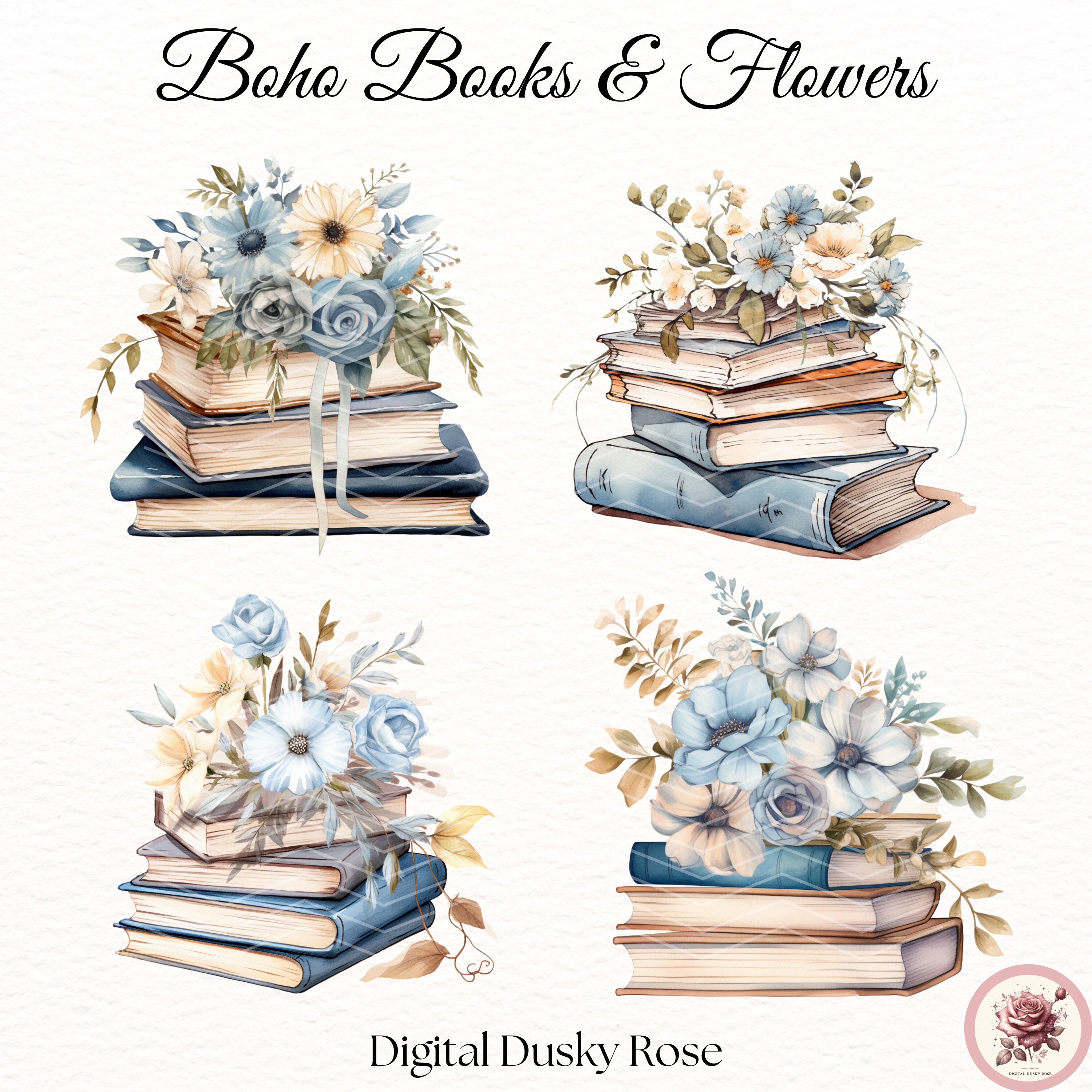 Boho Books & Flowers Watercolor Clipart Romantic Library Set 50 ...