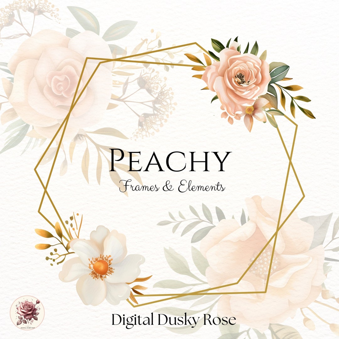 Peach Rose & Gold Frame Clipart - Watercolor Floral Elements for ...