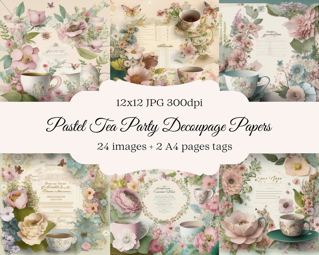 Vintage Pastel Tea Party Digital Paper, Decoupage Paper - Tags ...