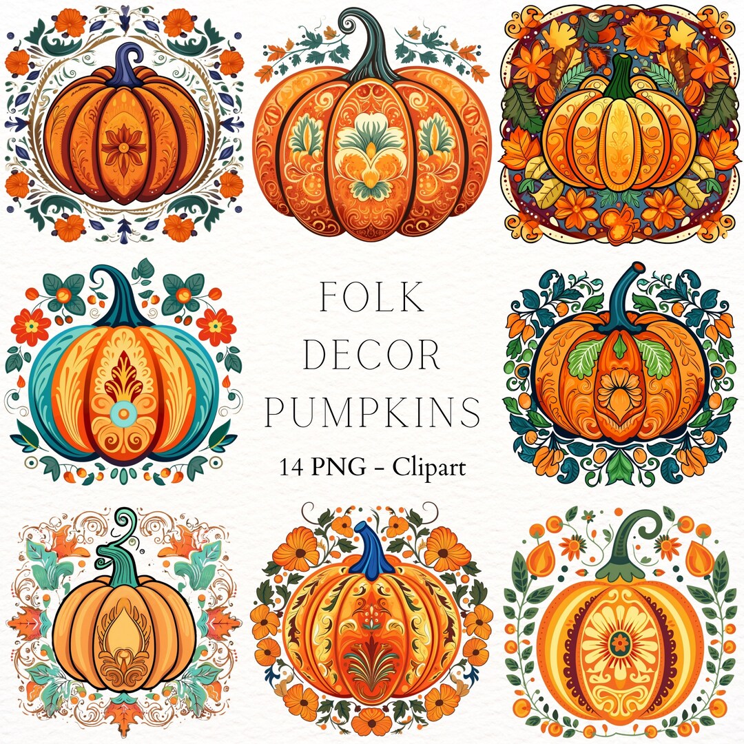 Folk Pumpkins Clipart Set: Seasonal Vegetables, Cultural Design, High ...