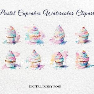 Pastel Cupcakes Watercolor Clipart: Food Baking Designs for Card Making ...