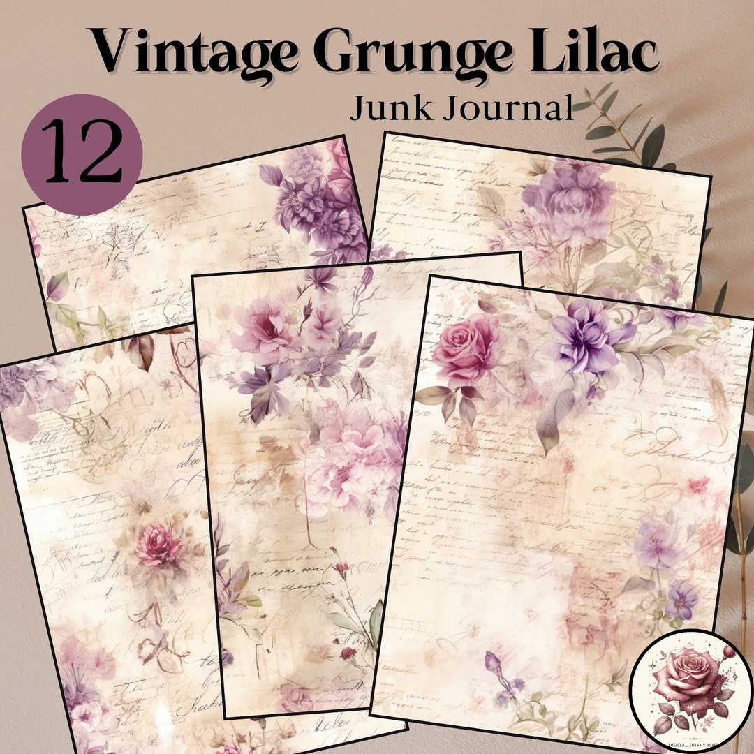 Vintage Grunge Lilac Junk Journal, Ephemera Half Papers, Faded Writing ...