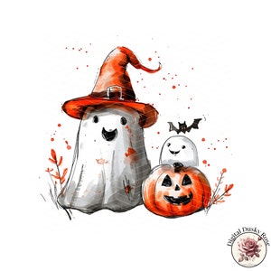 Watercolor Ghost Hat Pumpkin Clipart: Cute Spooky Halloween Characters ...