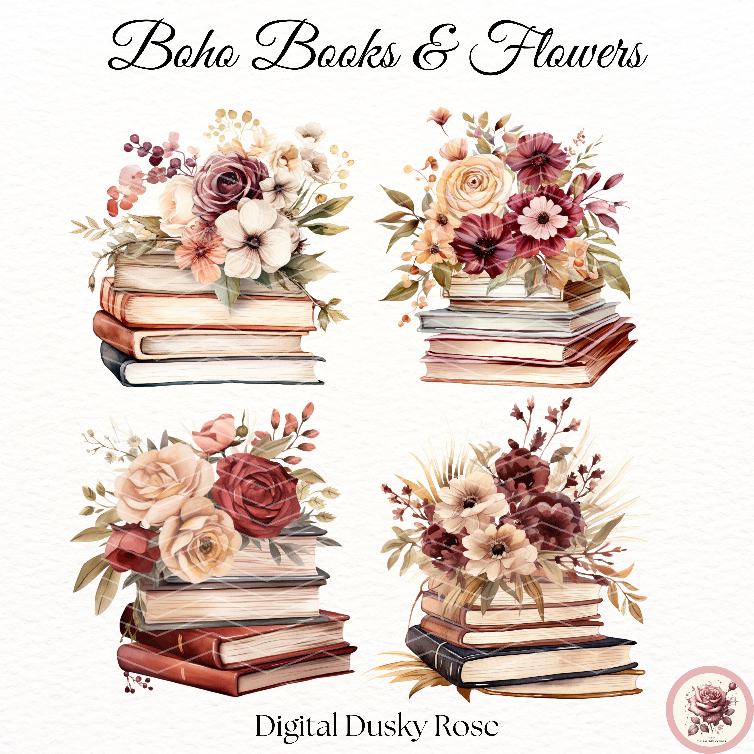 Boho Books & Flowers Watercolor Clipart Romantic Library Set 50 ...