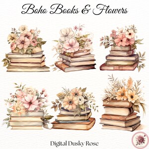 Boho Books & Flowers Watercolor Clipart - Romantic Library Set - 50 ...