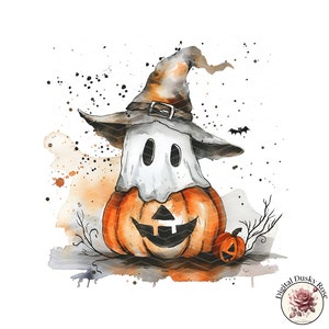 Watercolor Ghost Hat Pumpkin Clipart: Cute Spooky Halloween Characters ...