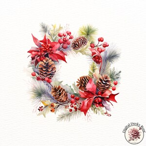 Watercolor Christmas Wreath Clipart: Poinsettia Flowers, Pinecones, and ...