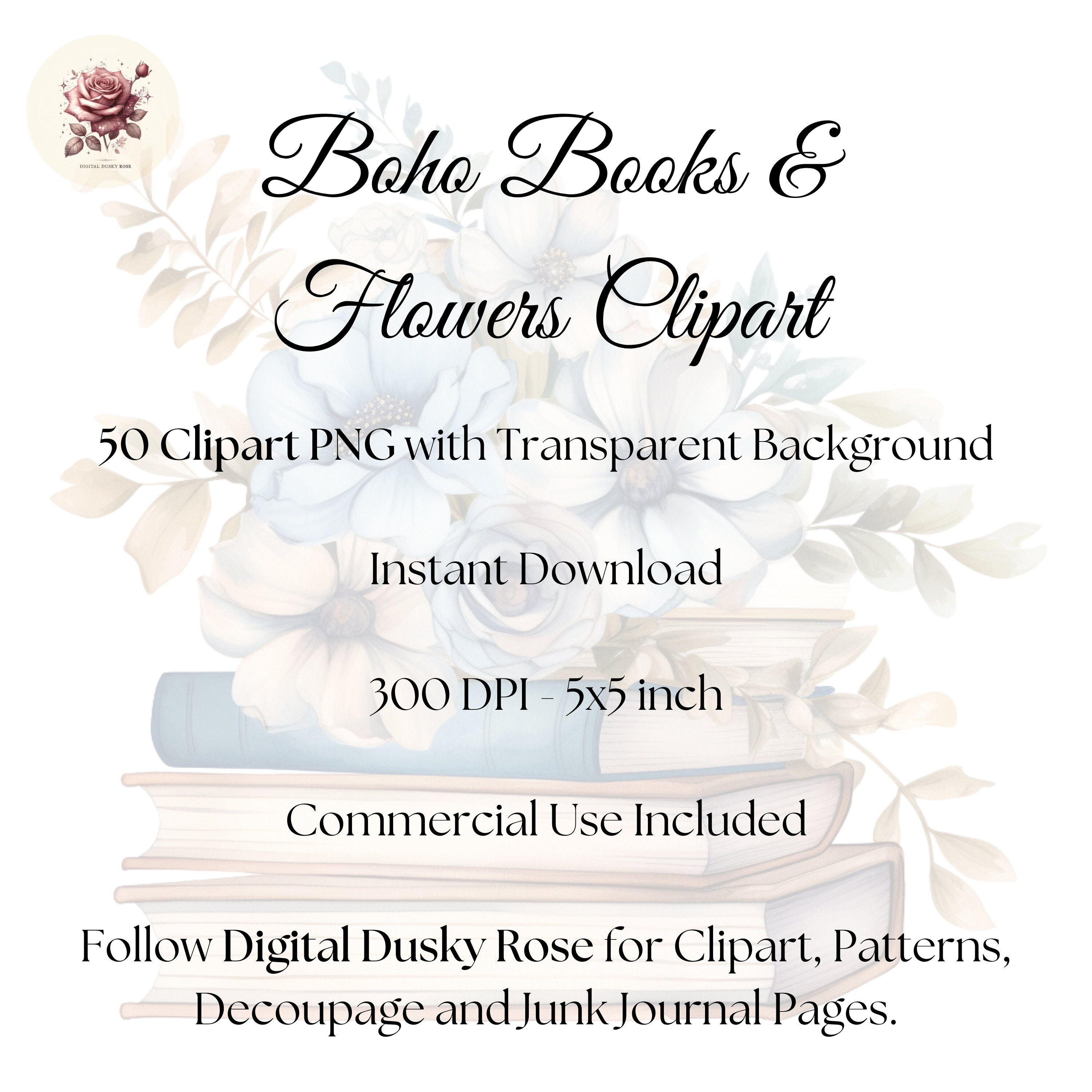 Boho Books & Flowers Watercolor Clipart Romantic Library Set 50 ...