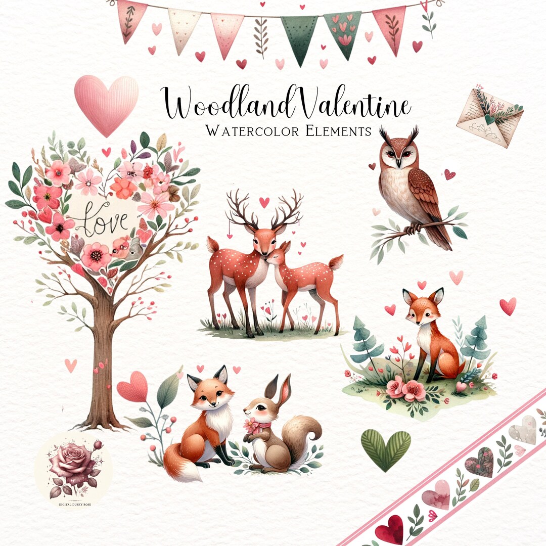 Woodland Creatures Valentine's Day Clipart, PNG, Woodland Animals ...