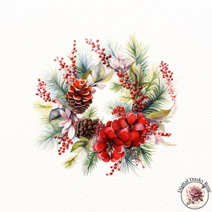 Watercolor Christmas Wreath Clipart: Poinsettia Flowers, Pinecones, and ...