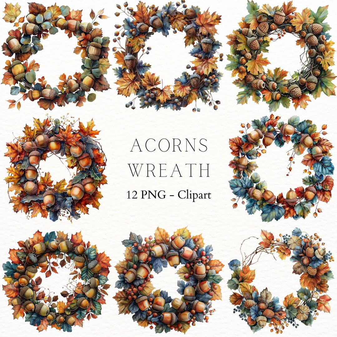Acorn Wreath Clipart, Maple Leaf PNG, Oak Leaves, Fall Garland ...