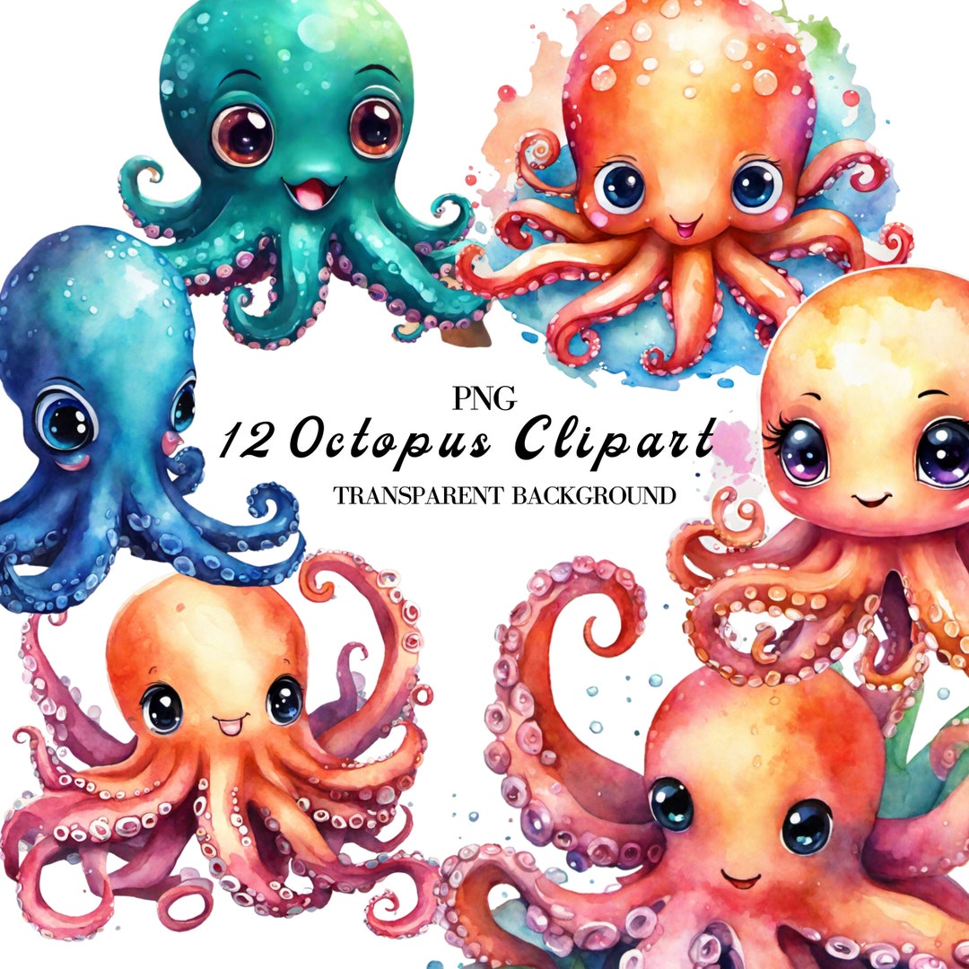 Octopus Clipart Watercolor, Kawaii Cute Sea Creature, Chibi, PNG ...