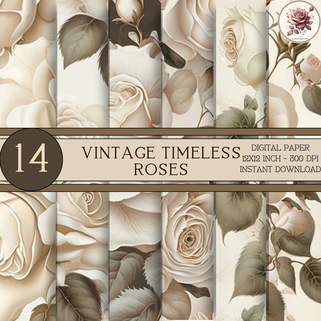 Vintage Roses Digital Paper Pack, 14 Timeless White Rose Designs for ...